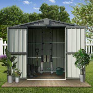 5.7x3 ft outdoor storage shed, lockable galvanized steel garden shed storage cabinet, metal waterproof tool sheds for backyard garden patio lawn (grey, 5.7x3 ft)