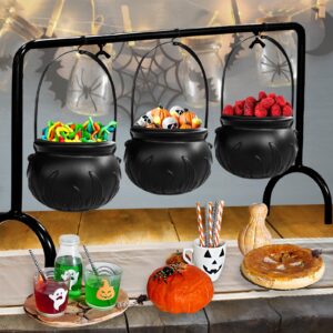 zddaoole halloween cauldrons serving bowl decor,set of 3 hanging black plastic cauldron bowls on rack,candy punch bowl halloween witches cauldron for home kitchen hocus pocus party decorations indoor