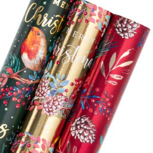 WRAPAHOLIC Christmas Wrapping Paper Roll - Mini Roll - 3 Rolls - 17 Inch x 120 Inch Per Roll - Bird, Christmas Garland, Holly and Pinecones Holiday Design with Metallic Foil Shine