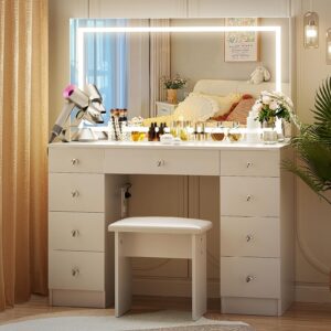 VOWNER Vanity with Lighted Mirror - Makeup Vanity Desk with Power Outlet and 9 Drawers, 3 Color Lighting Modes Adjustable Brightness, 43" Vanity Table with Soft Cushioned Stool for Bedroom, White