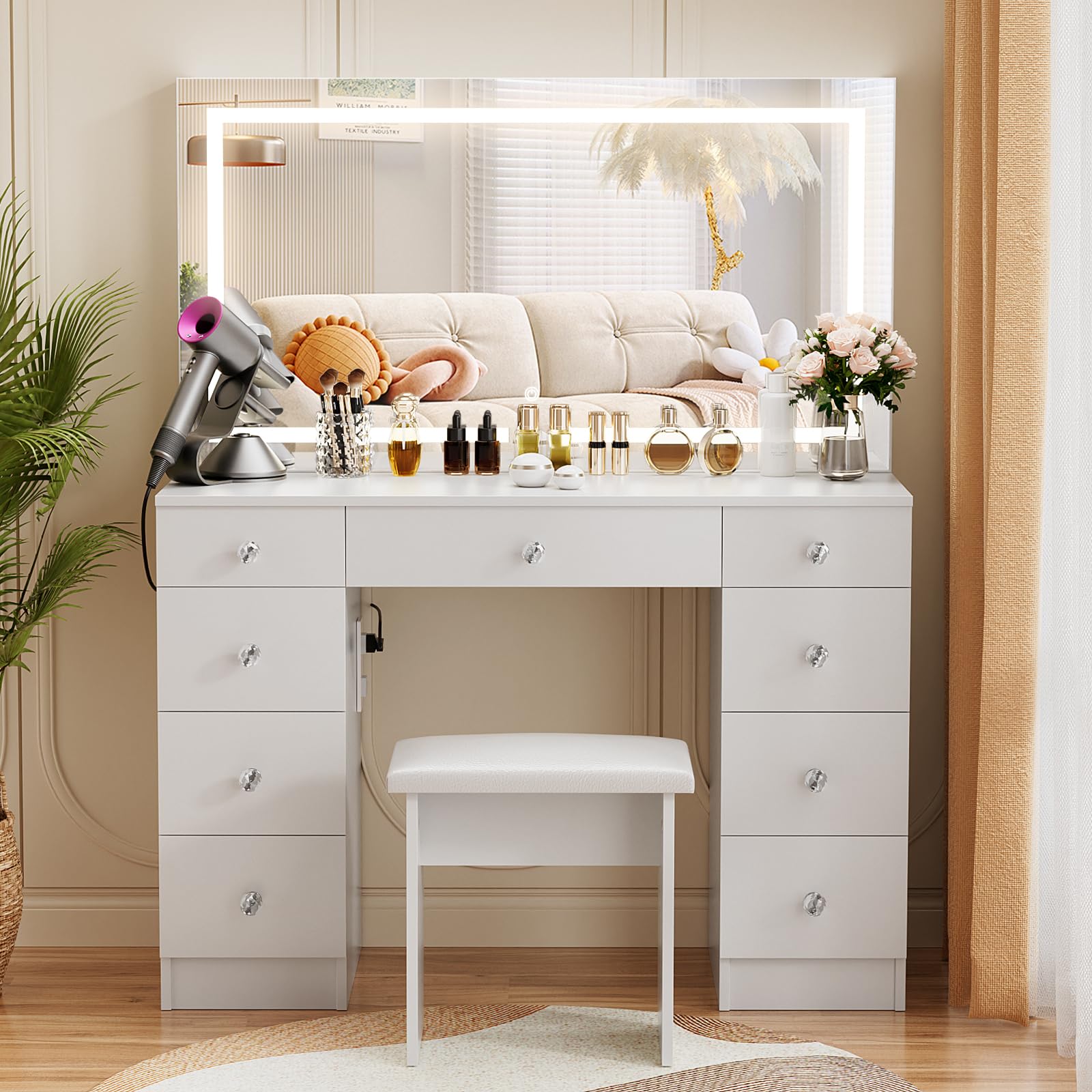 VOWNER Vanity with Lighted Mirror - Makeup Vanity Desk with Power Outlet and 9 Drawers, 3 Color Lighting Modes Adjustable Brightness, 43" Vanity Table with Soft Cushioned Stool for Bedroom, White