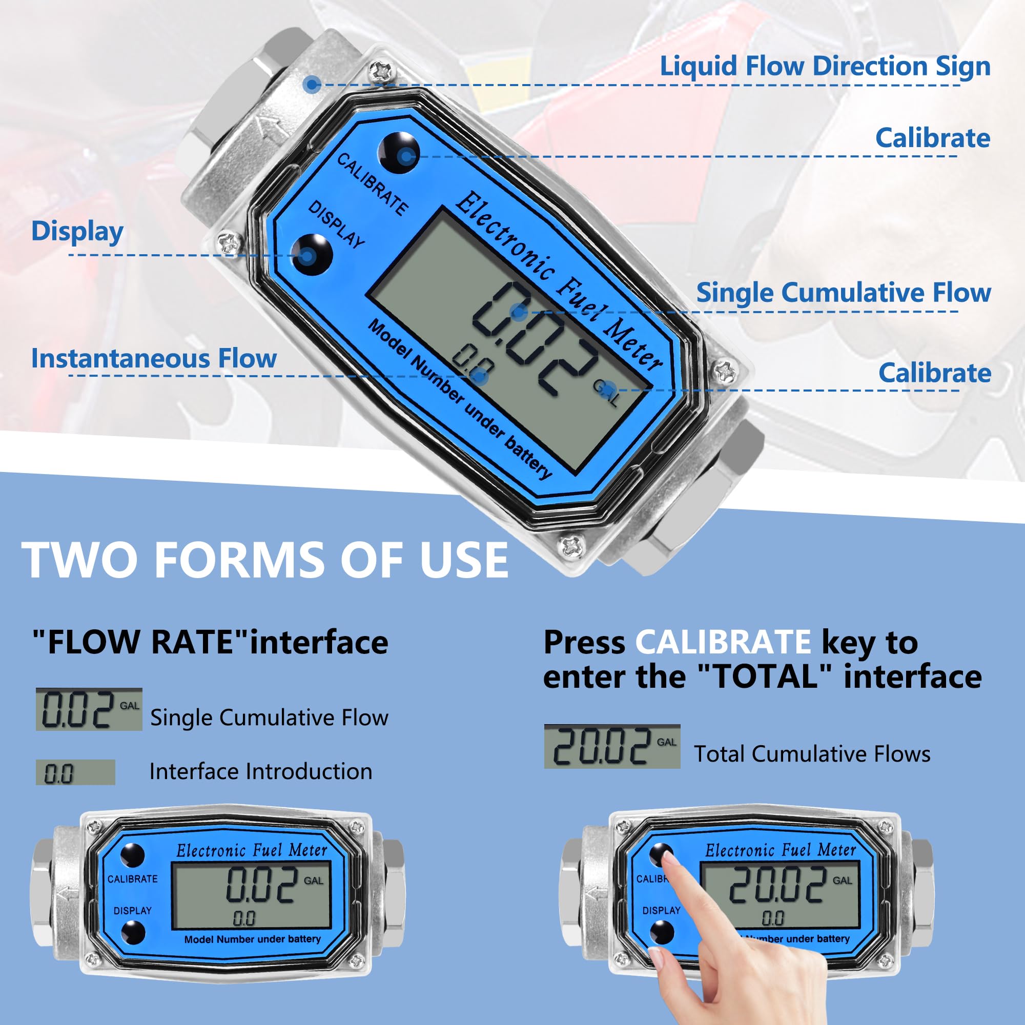 1" Turbine Fuel Flow Meter, 2.6-26 GPM Inline NPT Thread Flowmeter with 3/4" Adapters,Digital Fuel Flow Meter,for Kerosene,Biodiesel, Light Chemicals- Supports Gallon, LTR, PT, QT