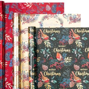 WRAPAHOLIC Christmas Wrapping Paper Roll - Mini Roll - 3 Rolls - 17 Inch x 120 Inch Per Roll - Bird, Christmas Garland, Holly and Pinecones Holiday Design with Metallic Foil Shine