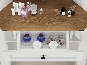 ARTETHYS Small Vanity Desk Set with Mirror and Lights Corner Makeup Table with Drawers for Small Space Farmhouse White Makeup Vanity Table with Storage Stool for Bedroom