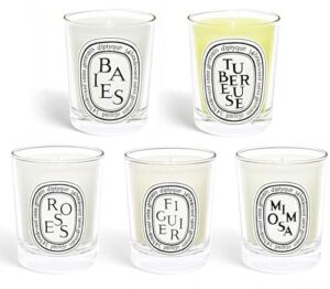 diptyque baies roses figuier mimosa & tubereuse 5 piece scented candle gift set 35 grams each limited edition, white