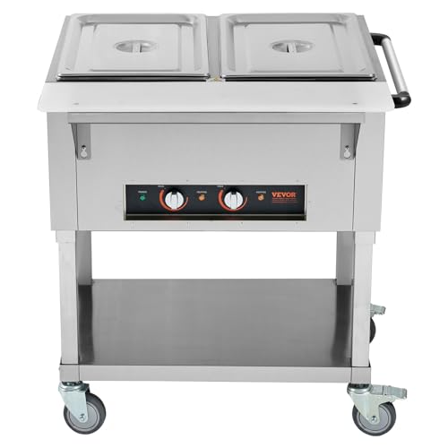 VEVOR 2-Pan Commercial Food Warmer, 2 x 20.6QT Electric Steam Table, 1000W Professional Buffet Catering Food Warmer with 4 Wheels (2 Lockable), Food Grade Stainless Steel Server for Party Restaurant