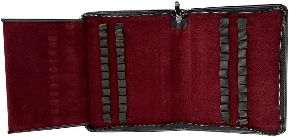 Generic Faux Leather Pen/Pencil Display and Carrying Case - Black with Burgundy Faux Suede, 24 Elastic Holders