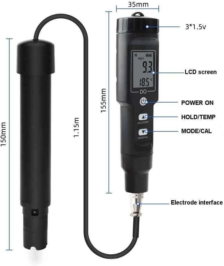 Generic Dissolved Oxygen Meter, Digital Oxygen Test Kit Analyzer, DO Probe with ATC for Aquarium, Measurement Range: 0‑30mg/L 6 Replaceable Electrode Tips, 30ml Electrode Filling Fluid