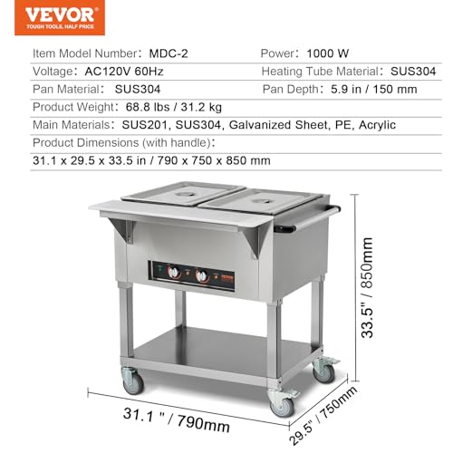 VEVOR 2-Pan Commercial Food Warmer, 2 x 20.6QT Electric Steam Table, 1000W Professional Buffet Catering Food Warmer with 4 Wheels (2 Lockable), Food Grade Stainless Steel Server for Party Restaurant