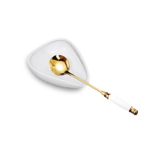 coffee spoon rest with spoon,mini coffee spoon holder,small ceramic spoon rest for coffee stirrers,teaspoon,bar spoon,coffee bar accessories,(ceramic coffee spoon rest & white handle gold round spoon)