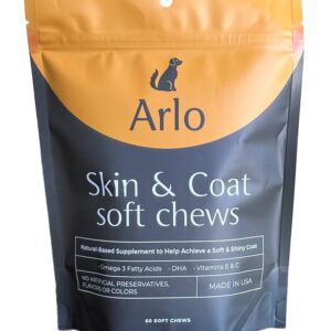 Arlo Pet Supplies Skin and Coat Supplement for Dogs, 60 Soft Chews, Omega 3 Fatty Acids, DHA, Vitamins E and C, Restore Soft, Shiny Hair and Diminish Irritation, Made in USA