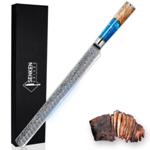 senken 12" damascus steel brisket knife - tsunami collection - 67-layer japanese vg10 steel with blue resin burl wood handle - ultra sharp carving knife for brisket, meat, roasts, and large fruit