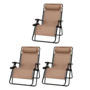 four seasons courtyard sunny isles xl zero gravity outdoor patio reclining chair steel frame comfortable lounge seating furniture set, 3 pack, brown