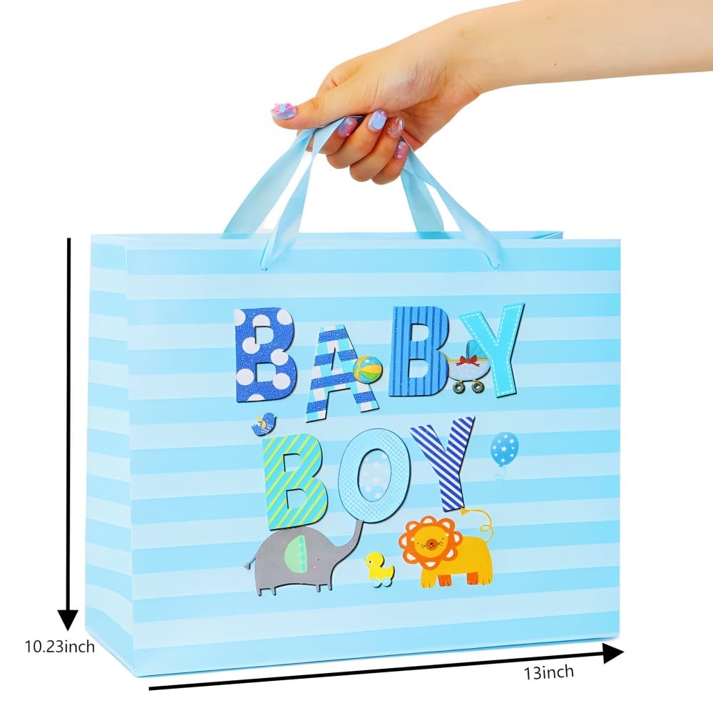 13" Large Baby Boy Gift Bag with Tissue Paper and Greeting Card for Kids, Baby Shower, Birthday Party（Cartoon animal design)