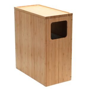 bamboo slim trash can with lid, waste basket for bathroom, bedroom, office, vanity, salon or spa, small spaces, rectangle, bag liners included