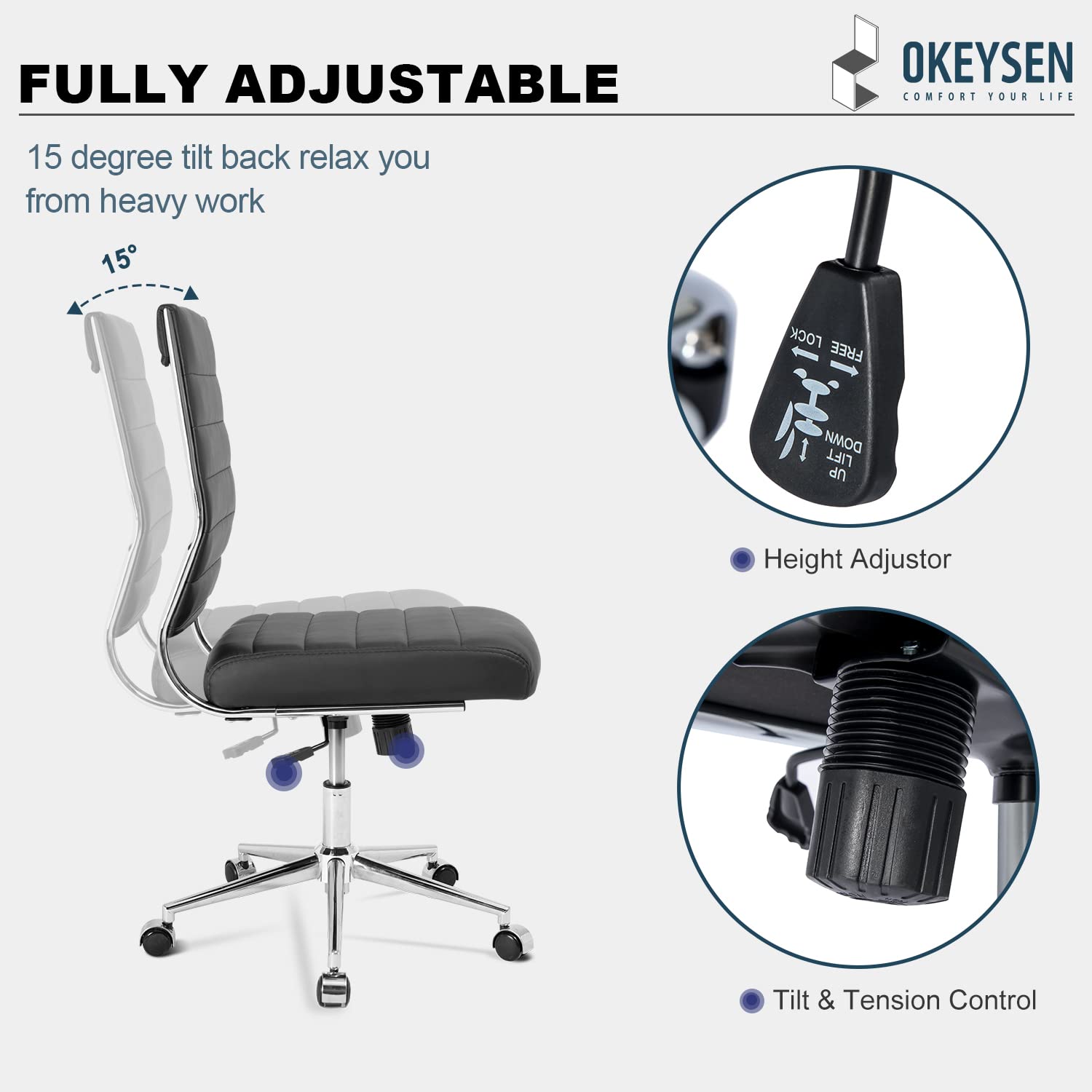 Okeysen Armless Office Desk Chair, Mid Back Ergonomic Swivel Conference Room Chair, Adjustable Height PU Leather Home Desk Chair, Modern Small Rolling Computer Task Chair, Black