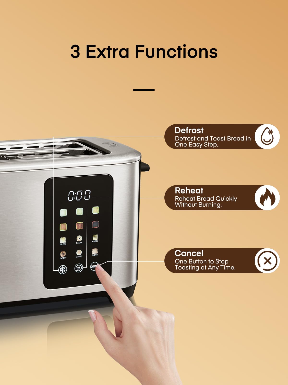 4 Slice Toaster Touch Screen Control, Long Extra Wide Slots Smart Bread Toaster, 6 Bread Types & 6 Shade Settings, Stainless Steel Toaster, with Removable Tray, Cancel/Defrost/Reheat Function, Sliver