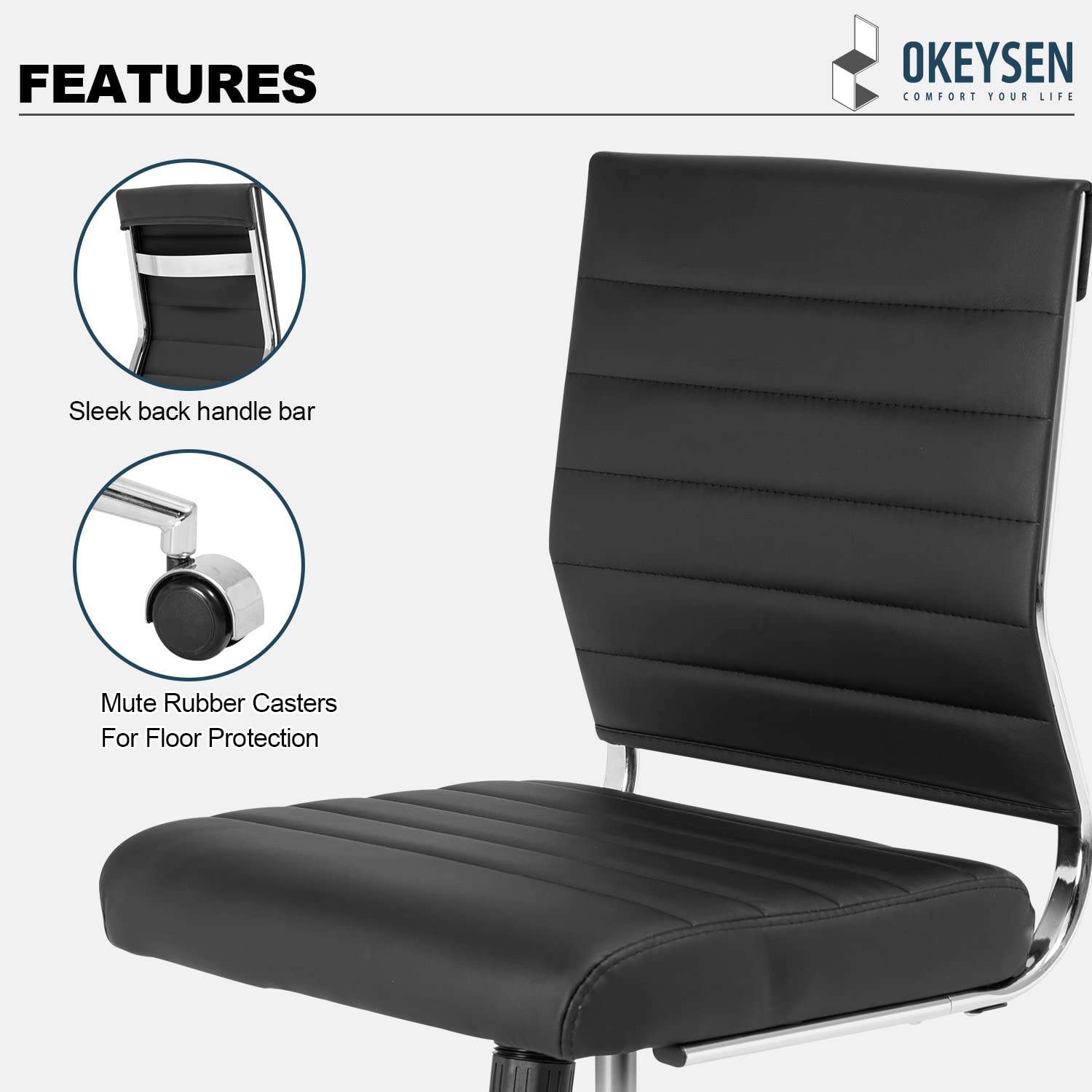 Okeysen Armless Office Desk Chair, Mid Back Ergonomic Swivel Conference Room Chair, Adjustable Height PU Leather Home Desk Chair, Modern Small Rolling Computer Task Chair, Black