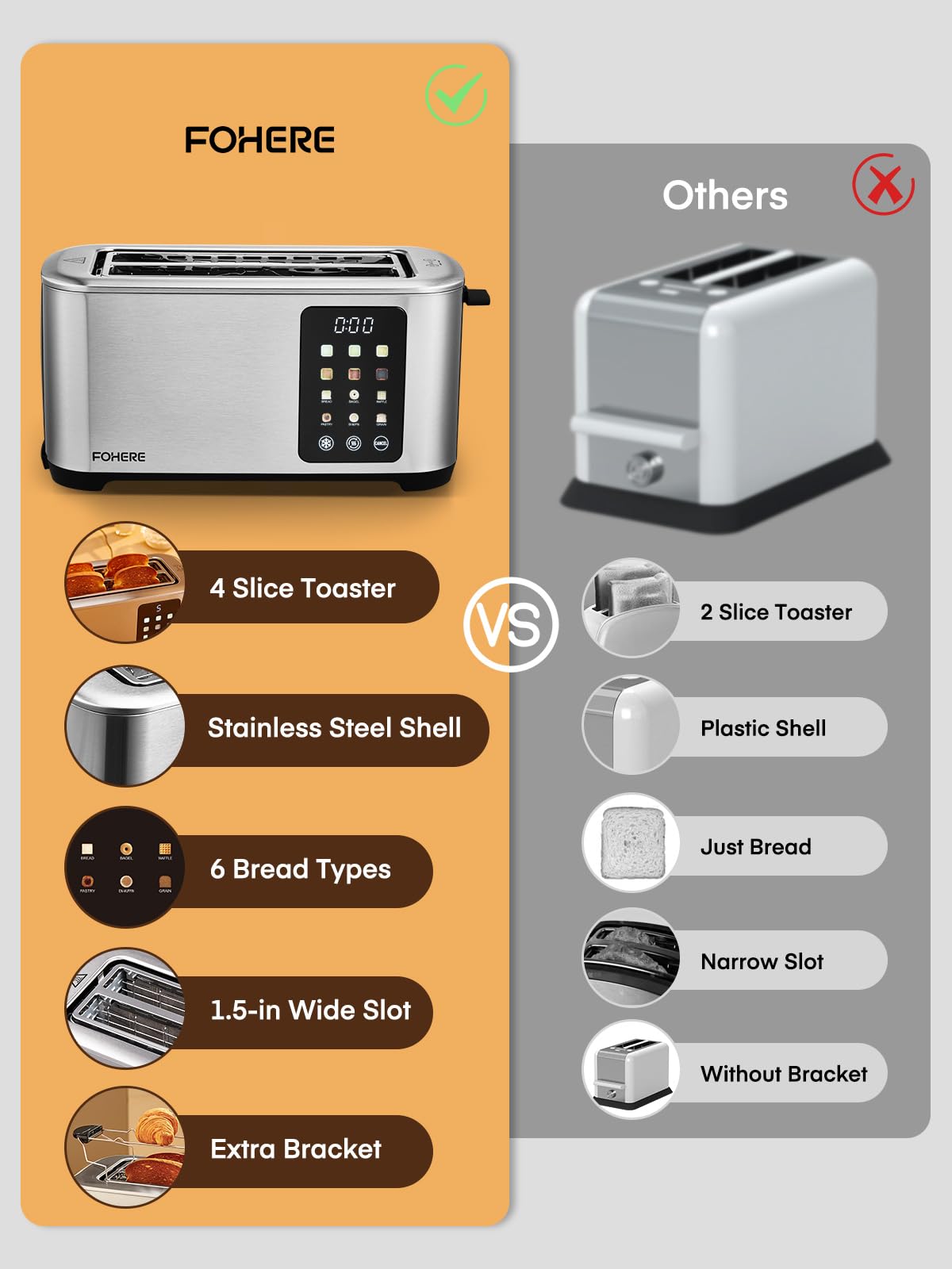 4 Slice Toaster Touch Screen Control, Long Extra Wide Slots Smart Bread Toaster, 6 Bread Types & 6 Shade Settings, Stainless Steel Toaster, with Removable Tray, Cancel/Defrost/Reheat Function, Sliver