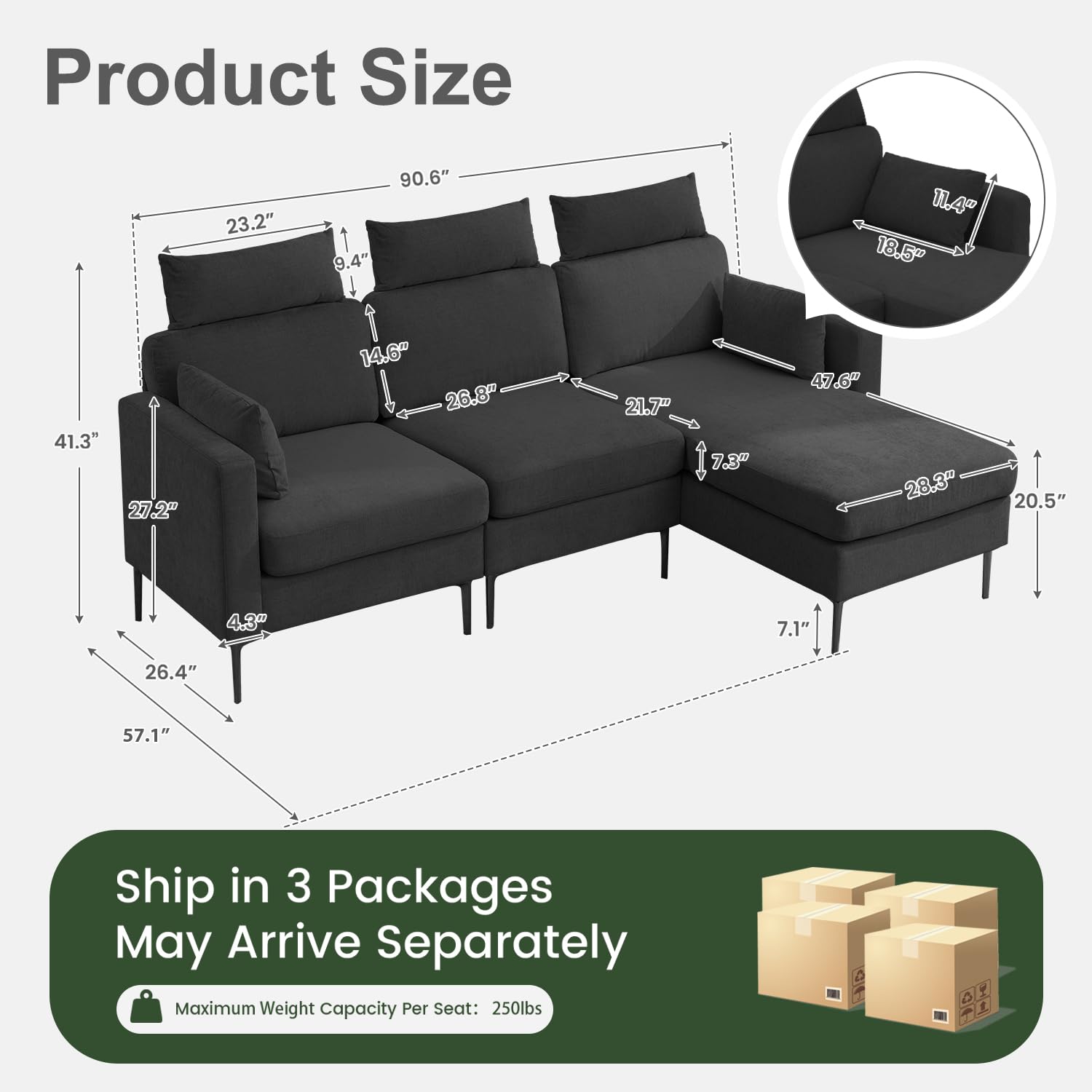 ROWHY 90.6'' Oversized Convertible Sectional Couches for Living Room, 3 Seat Large Modular Sectional Sofa, High Back Modern L Shaped Couch with Reversible Chaise, Dark Gray