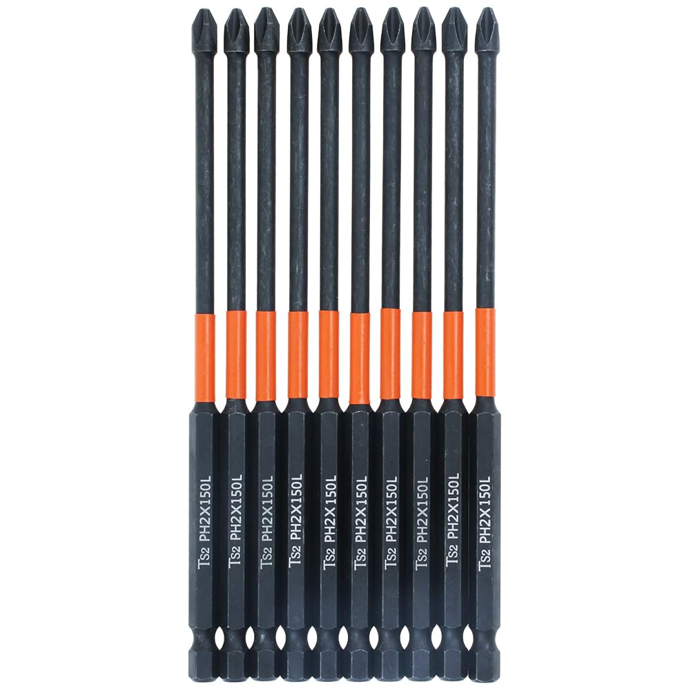 10PCS Phillips Bits #2 High Torque Impact Driver Bits Magnetic 2 Phillips Bits 6 Inch Long PH2 Bits TS2 Steel Phillips Head Drill Bits Phillips Screwdriver Bits 1/4 Hex Shank Screw Bits