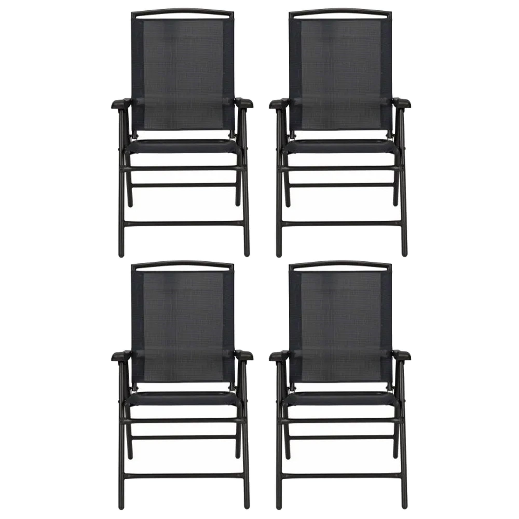 Four Seasons Courtyard Sunny Isles Outdoor Arm Chairs Foldable Outdoor Patio Seating Steel Frame Sling Fabric Furniture Set, 4 Pack, Black