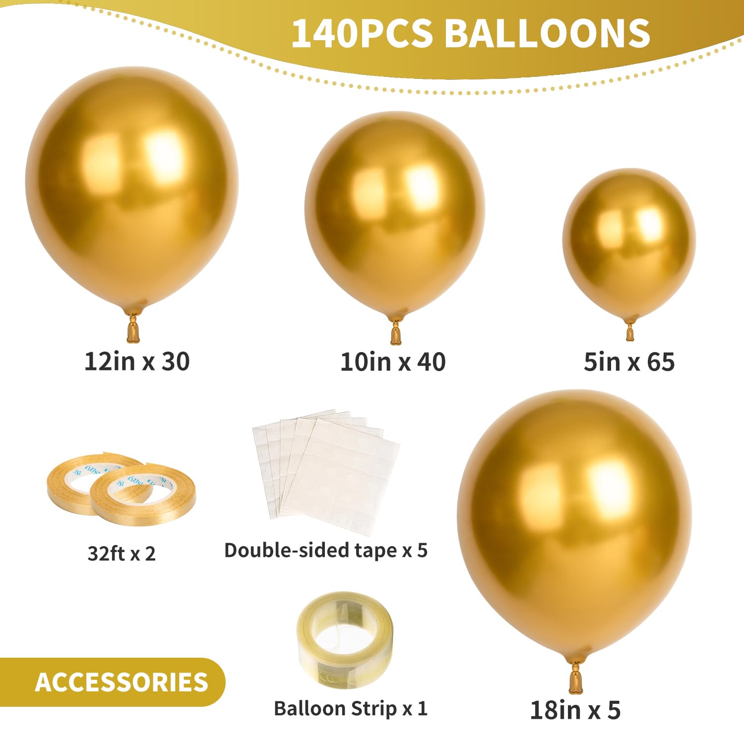 PIGETALE 140pcs Metallic Gold Balloons Different Sizes 18 12 10 5 Inch Golden Latex Balloons Kit for Balloon Garland or Balloon Arch as Birthday Party Graduation Wedding Holiday New Year Decorations