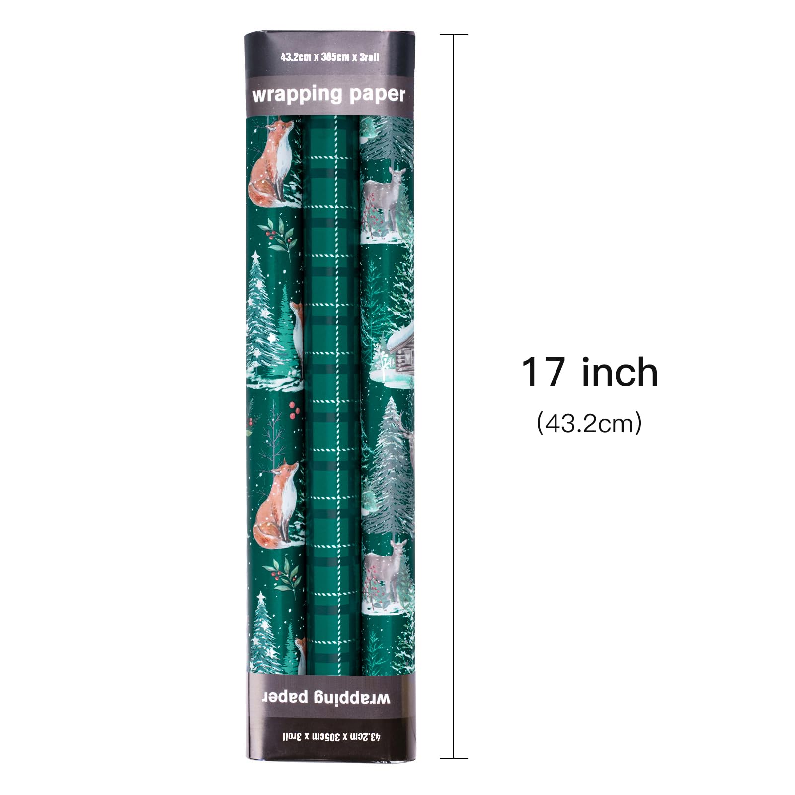 LeZakaa Christmas Green Wrapping Paper Roll - Mini Roll - Fox, Squirrel, Reindeer & Chrismas Tree, Green Plaid for Christmas Holiday Party - 17 x 120 inches - 3 Rolls (42.5 sq.ft.ttl.)