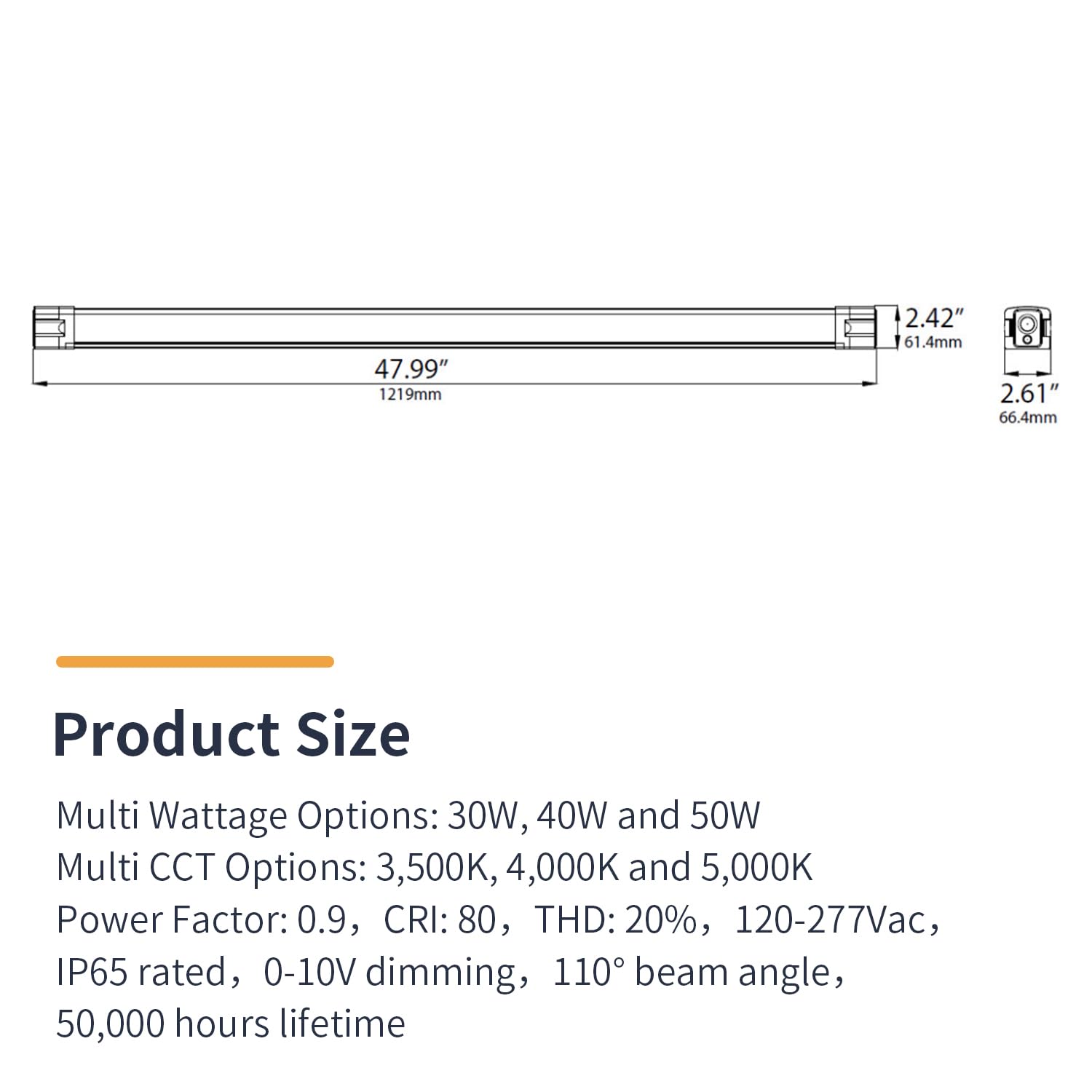 LEDONE 4FT LED Tri Proof Vapor Tight Light, 0-10V Dimmable, 30W/40W/50W Selectable 3500K/4000K/5000K, IP65 Waterproof Outdoor Tri Proof Light, UL DLC NSF Listed, 4PK