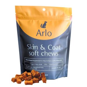 Arlo Pet Supplies Skin and Coat Supplement for Dogs, 60 Soft Chews, Omega 3 Fatty Acids, DHA, Vitamins E and C, Restore Soft, Shiny Hair and Diminish Irritation, Made in USA