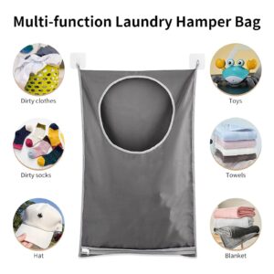 Resdenio Hanging Laundry Hamper Bag, Portable Laundry Bag, Large Foldable Wall Hanging Laundry Basket with 2 Adhesive Hooks for Dirty Clothes Organization and Storage,30 x 20 Inch Gray