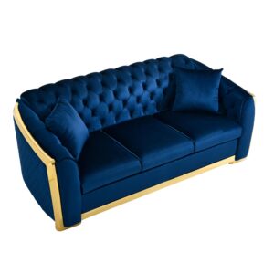 JUSTONE 81.1'' Black Velvet Chesterfield Sofa Couch for Living Room,Luxury Tufted 3 Seat Couch with Gold Stainless for Apartment Office,Navy Blue