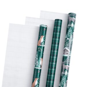 LeZakaa Christmas Green Wrapping Paper Roll - Mini Roll - Fox, Squirrel, Reindeer & Chrismas Tree, Green Plaid for Christmas Holiday Party - 17 x 120 inches - 3 Rolls (42.5 sq.ft.ttl.)