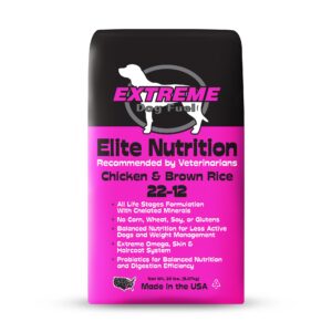 extreme dog fuel elite nutrition chicken & brown rice 22-12 for dogs all life stages - dog probiotics for digestive health, essential pet supplement for overall wellness - 20 lb