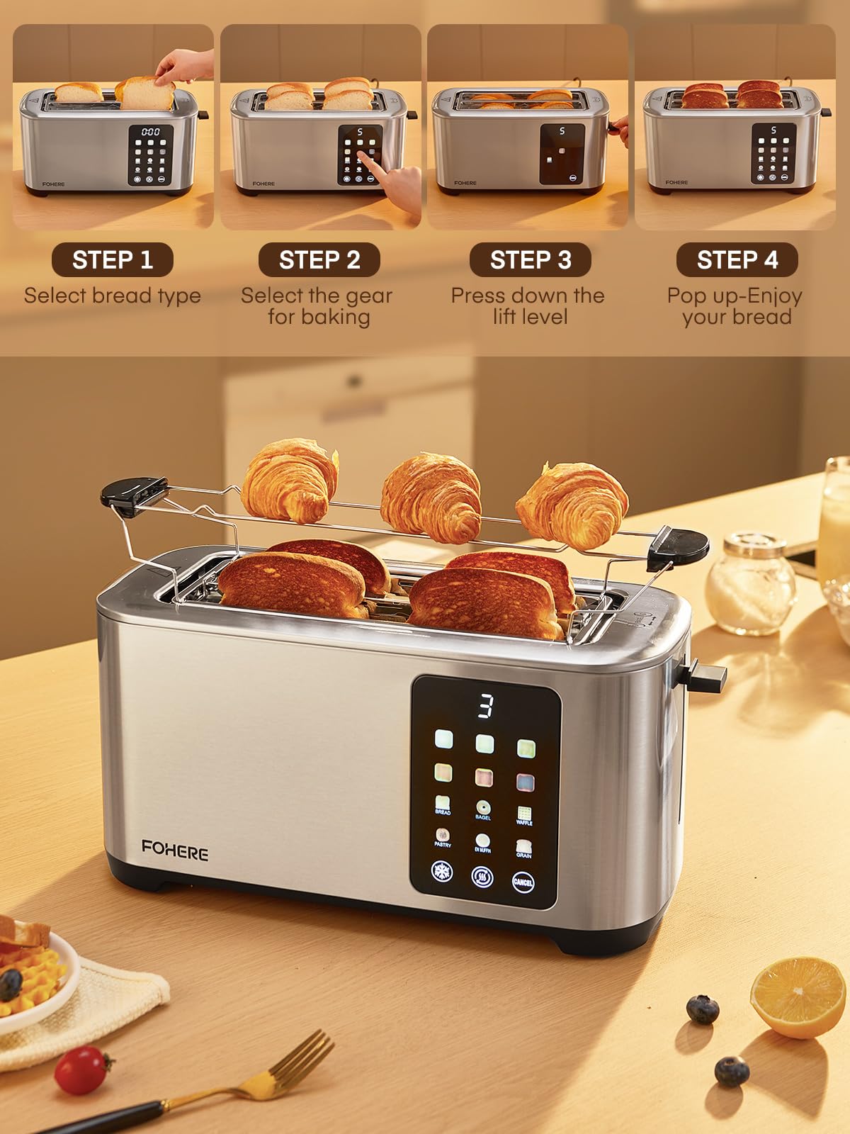 4 Slice Toaster Touch Screen Control, Long Extra Wide Slots Smart Bread Toaster, 6 Bread Types & 6 Shade Settings, Stainless Steel Toaster, with Removable Tray, Cancel/Defrost/Reheat Function, Sliver