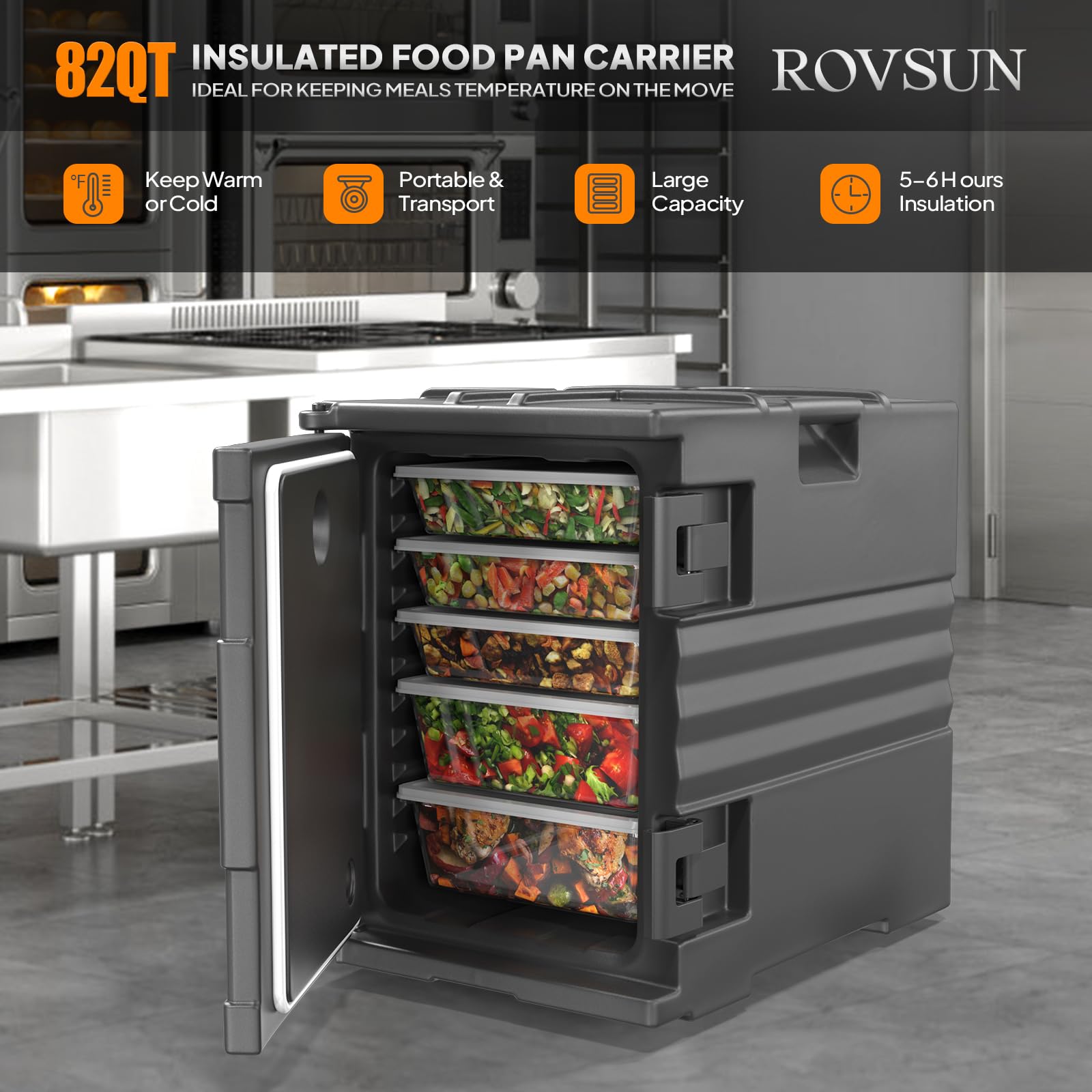 ROVSUN 82 QT Insulated Food Pan Carrier, Hot Box Food Warmer w/Wheels 4 NSF Full-Size Pan Double Buckles and Handles, Stackable Hot Boxes for Catering Restaurant Canteen Family Party