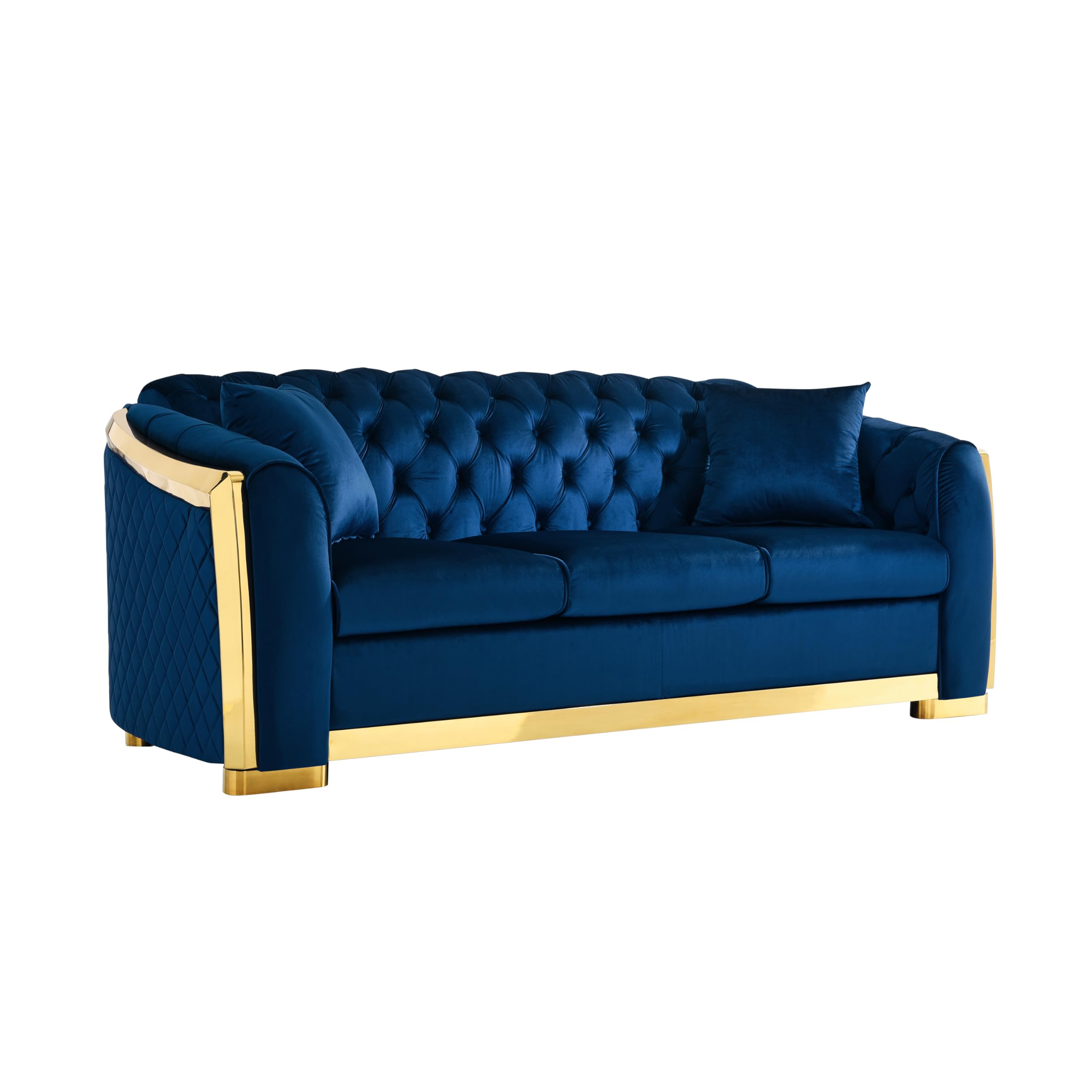 JUSTONE 81.1'' Black Velvet Chesterfield Sofa Couch for Living Room,Luxury Tufted 3 Seat Couch with Gold Stainless for Apartment Office,Navy Blue