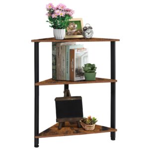 small corner shelf, 3 tier corner bookshelf bookcase, vintage standing corner shelf stand, corner display and storage shelf for bedroom,living room, kitchen,bathroom,entryway,office,small space-brown