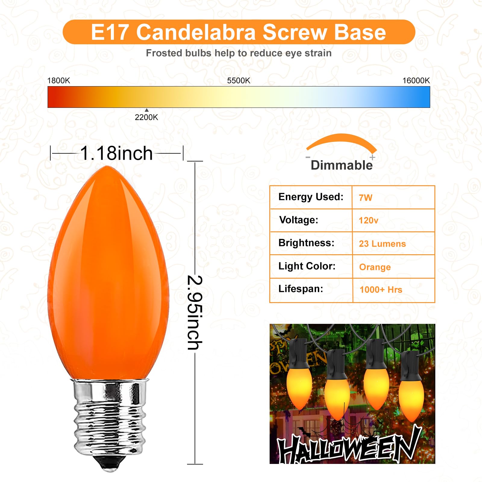 Romasaty 25Pack C9 Orange Light Bulbs, C9 Orange Halloween Replacement Bulbs for Indoor Outdoor Halloween String Lights (E17/C9 Candelabra Base Sockets), 7W