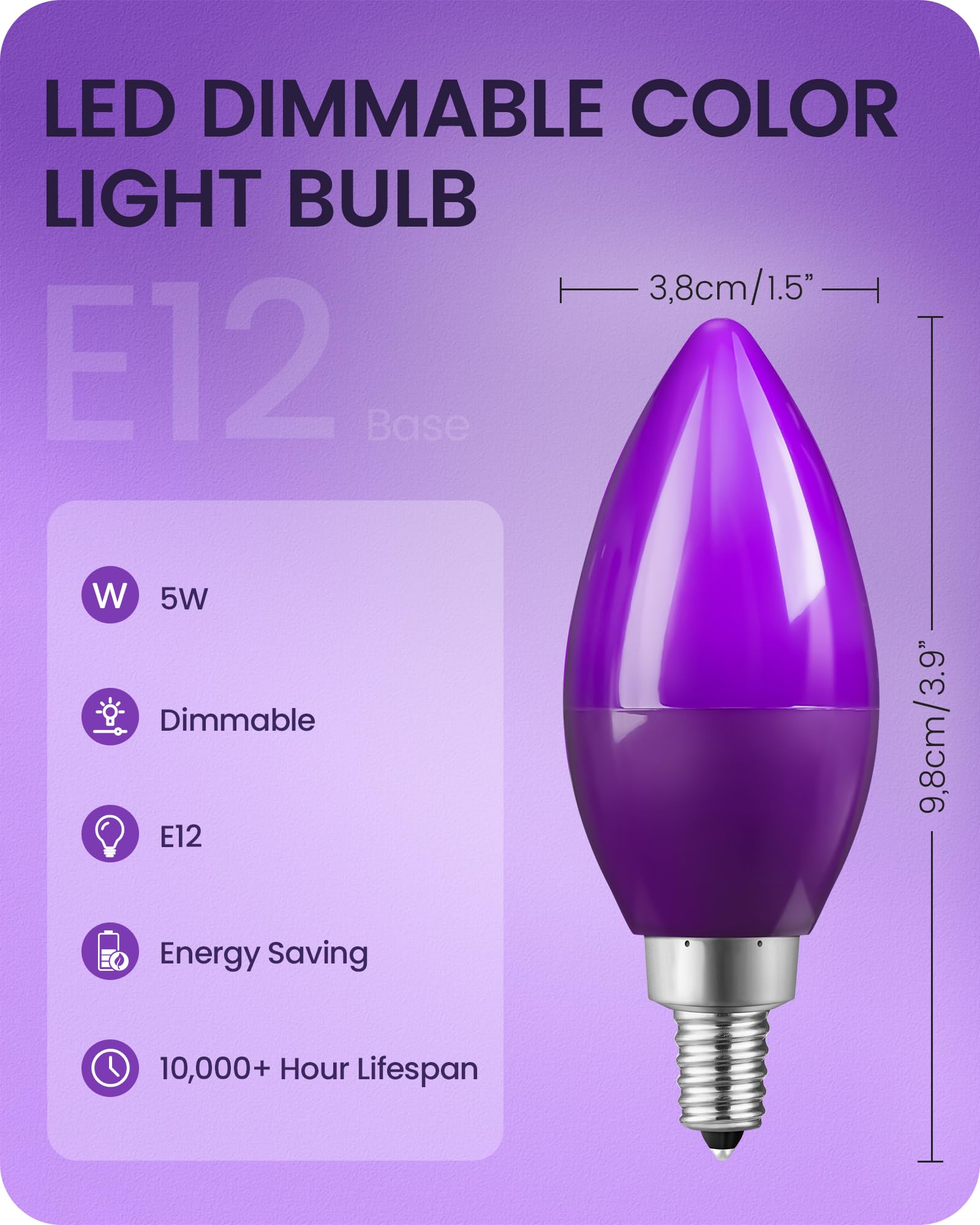 GOEBLESON Purple E12 LED Light Bulbs, C35 Dimmable Candelabra Bulbs, 5W (60W Equivalent) Chandelier Bulb, Candle Light Bulb for Halloween, Christmas, Party Decoration, Holiday, 6 Pack Z1C3P605