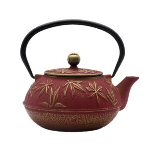 sechudo cast iron teapot tea kettle with stainless steel infuser for stovetop safe coated with enameled interior japanese red tetsubin with maple leaves pattern(30.4oz/900ml)