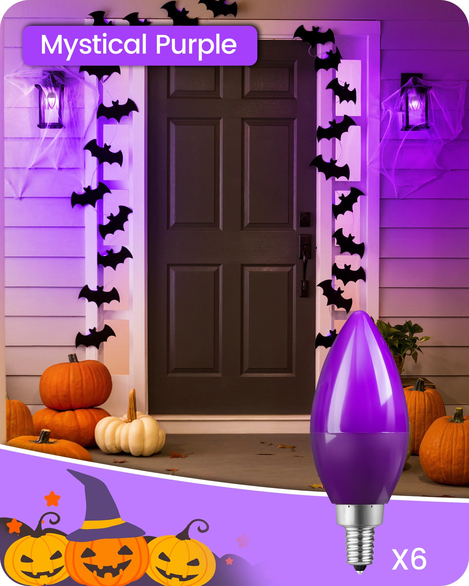 GOEBLESON Purple E12 LED Light Bulbs, C35 Dimmable Candelabra Bulbs, 5W (60W Equivalent) Chandelier Bulb, Candle Light Bulb for Halloween, Christmas, Party Decoration, Holiday, 6 Pack Z1C3P605