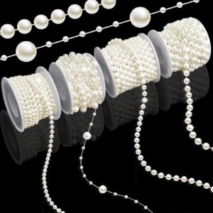 towenm 4 rolls 76 feet pearls string garland, faux pearl beads roll strand for crafts, artificial pearls chain trim for wedding party flower valentine christmas decoration, 4mm 6mm 8mm 8+3mm, ivory