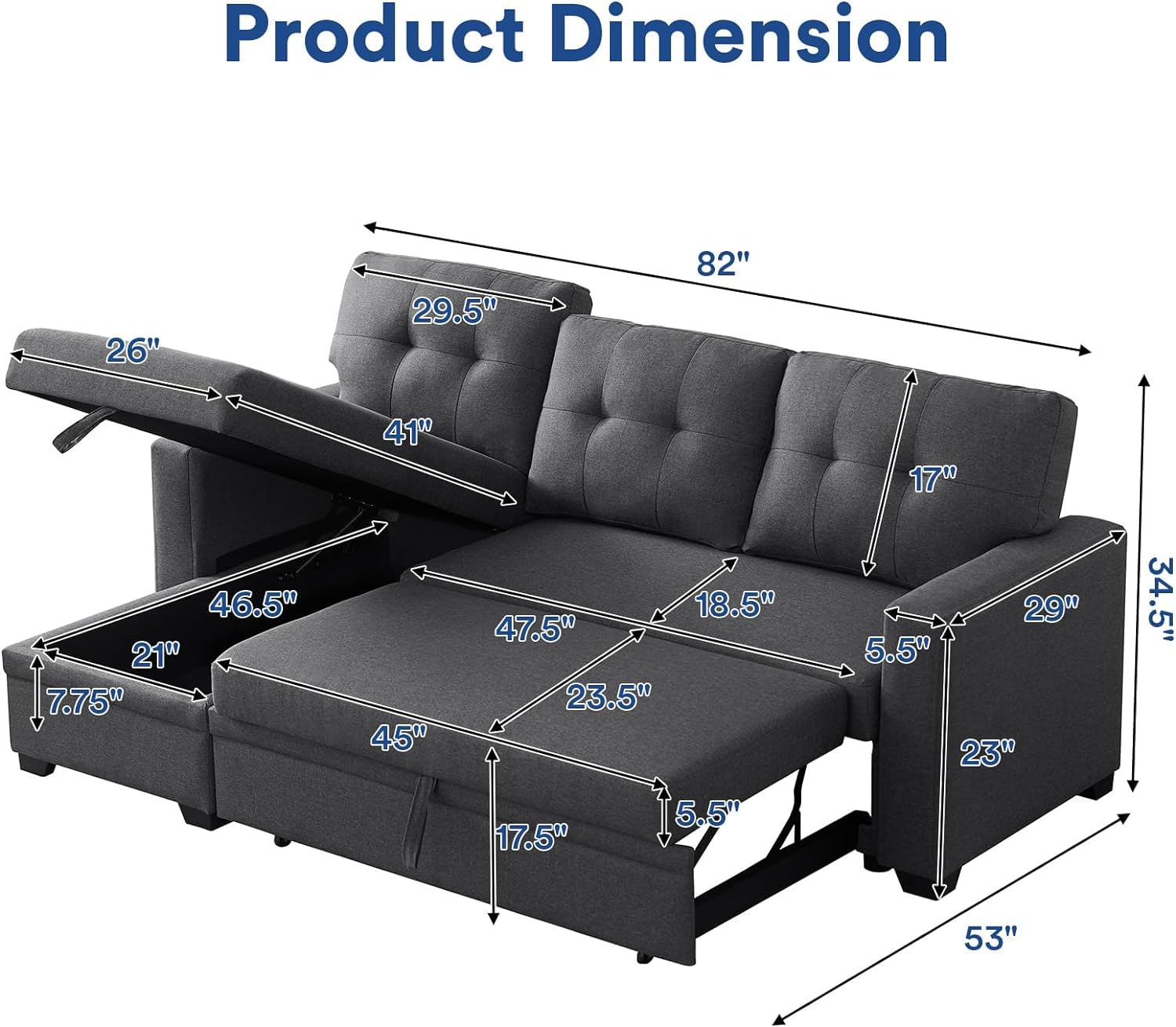 Wakefit Reversible Sectional Sofa Couch, Sleeper Sofa Bed with Storage Chaise Pull Out Couch Bed for Living Room | Hidden Stroge | Pull Out Bed | Removable Backrest | Linen Fabric, Dark Grey