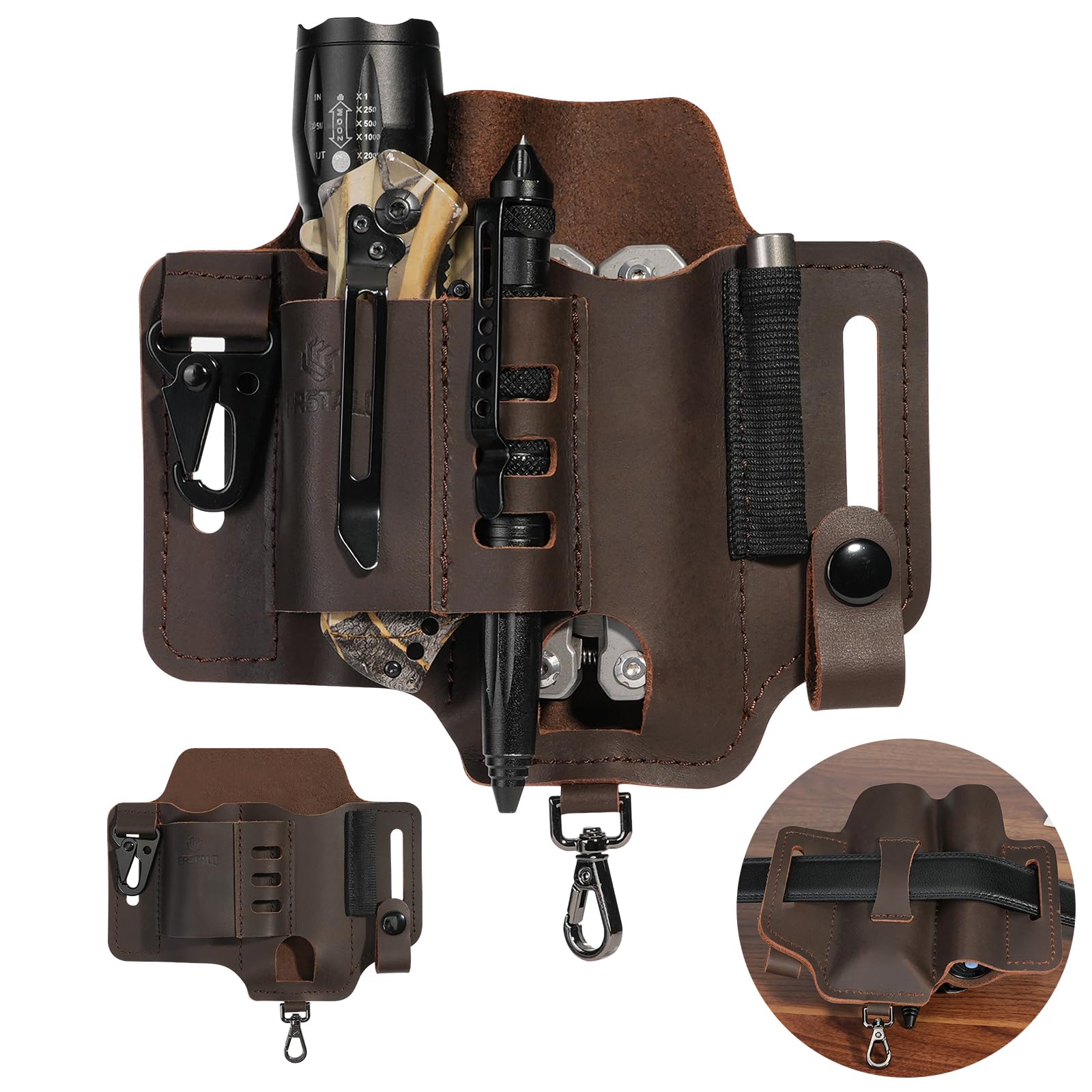 Multitool Sheath for Belt, Leather EDC Pocket Organizer with 3 Hooks, Flashlight Holster, Pen & Keys Holder, Knife Sheath for Daily & Outdoor Use, EDC Tool Pouch for Men, Brown