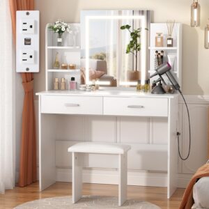 smool vanity with lighted mirror, makeup vanity desk with power outlet, 3 color light options adjustable brightness, vanity table with 6 storage shelves, 2 large drawers and cushioned stool, white