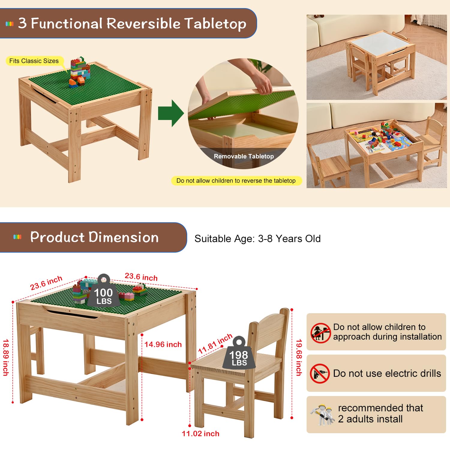 Wood 3 in 1 Kids Table and Chairs Set with Storage New Enamel Whiteboard and Built in Plate Detachable Tabletop Children Furniture Toddler 3 Piece Set Ideal for Arts & Crafts Dining Homework & More