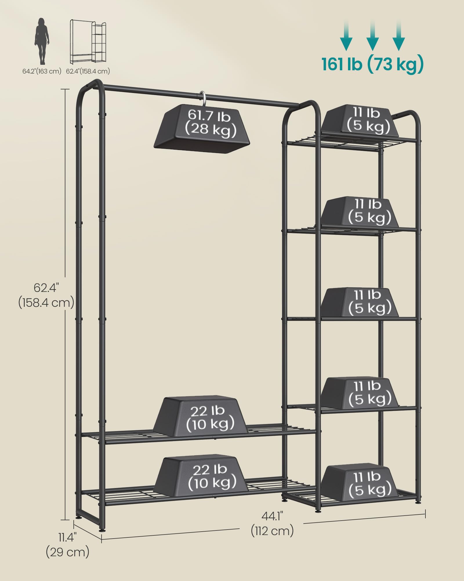 SONGMICS Wardrobe Closet, 44.1 Inch Large Portable Closet, Clothes Rack for Hanging Clothes,Heavy Duty Garment Rack, Storage Organizer with Shelves, 44.1 x 11.4 x 62.4 Inches, Black ULGR462B01