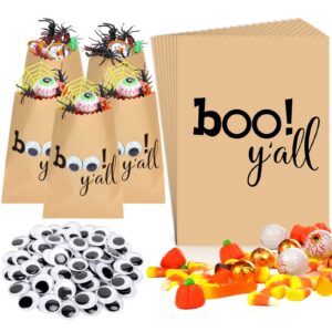 jarthenaamcs 50pcs halloween treat bags with self-adhesive wiggle eyes stickers boo y'all candy goodie bags kraft paper buffet bags for diy crafts party supplies