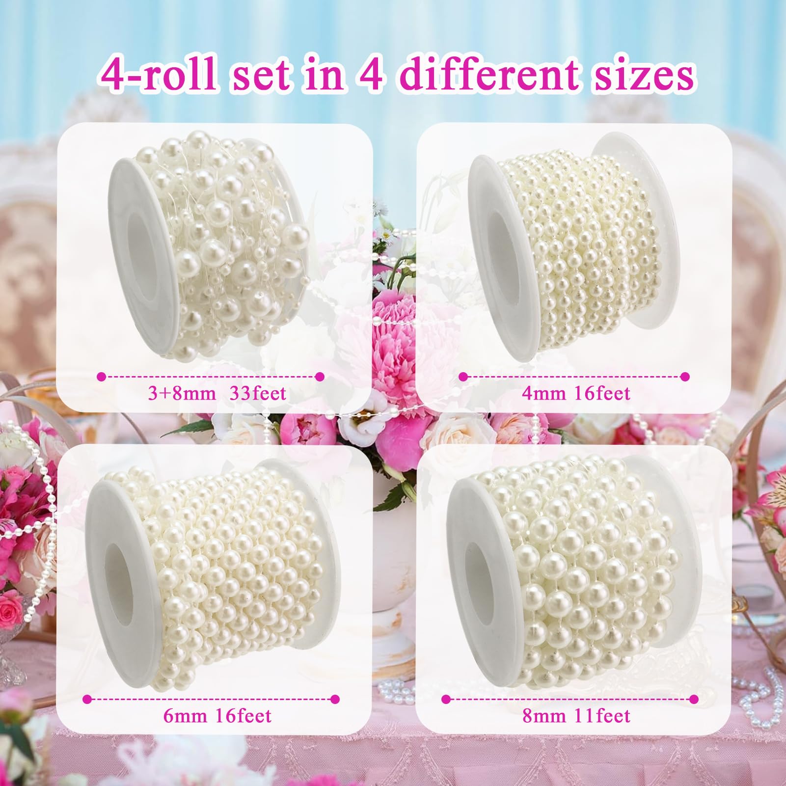 Towenm 4 Rolls 76 Feet Pearls String Garland, Faux Pearl Beads Roll Strand for Crafts, Artificial Pearls Chain Trim for Wedding Party Flower Valentine Christmas Decoration, 4mm 6mm 8mm 8+3mm, Ivory